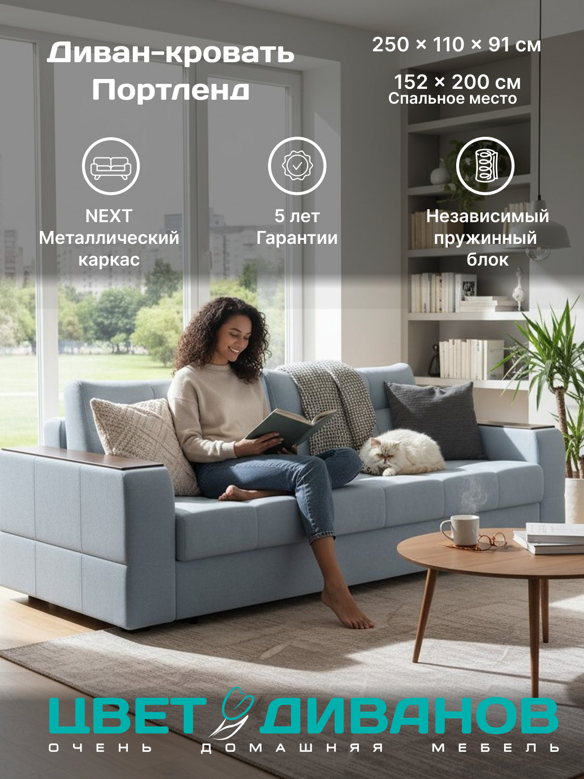 Прямой диван кровать Цвет Диванов Портленд NEXT 22 250 ортопедический, независимый пружинный блок, с ящиком для белья