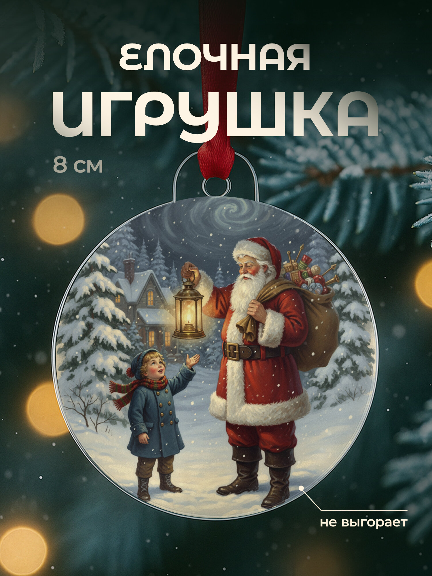 Елочная игрушка новогодняя плоская, акрил, 8 см с принтом Ребенок и дед мороз
