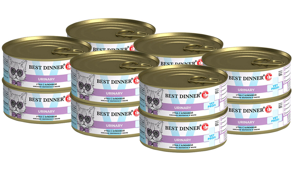 Корм влажный Best Dinner Exclusive Vet Profi для взрослых кастрированных котов и стерилизованных кошек для профилактики мочекаменной болезни с уткой и клюквой, 100 г х 12 шт