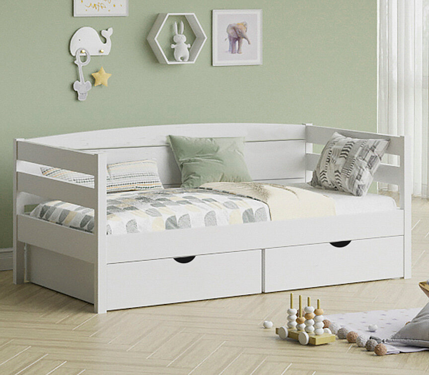 Кровать детская лагуна 100% массив 90х190 белая с ящиками (без матраса)