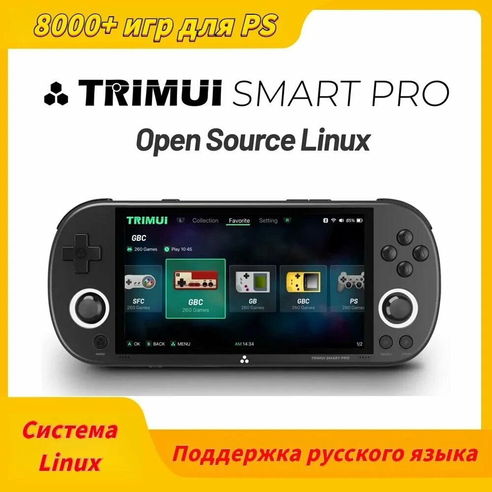 Игровая приставка. TRIMUI SMART PRO Русское меню,4,96 дюйма, портативный игровой экран IPS, система Linux, джойстик, RGB-подсветка, новинка 2024 г - черный 64ГБ