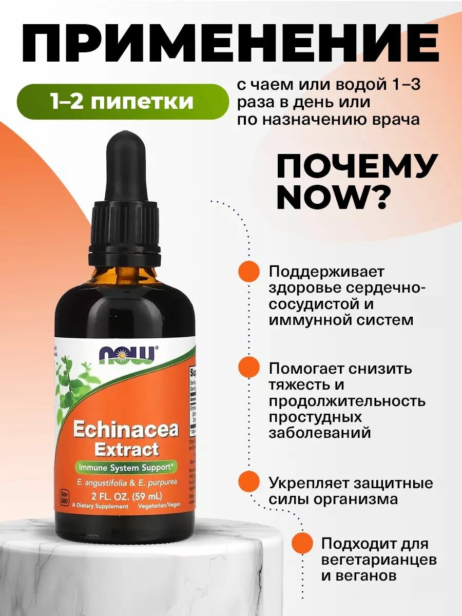 NOW Echinacea Extract, Эхинацея экстракт, капли 59 мл, Антиоксидант для иммунитета взрослым, от простуды — фото 1
