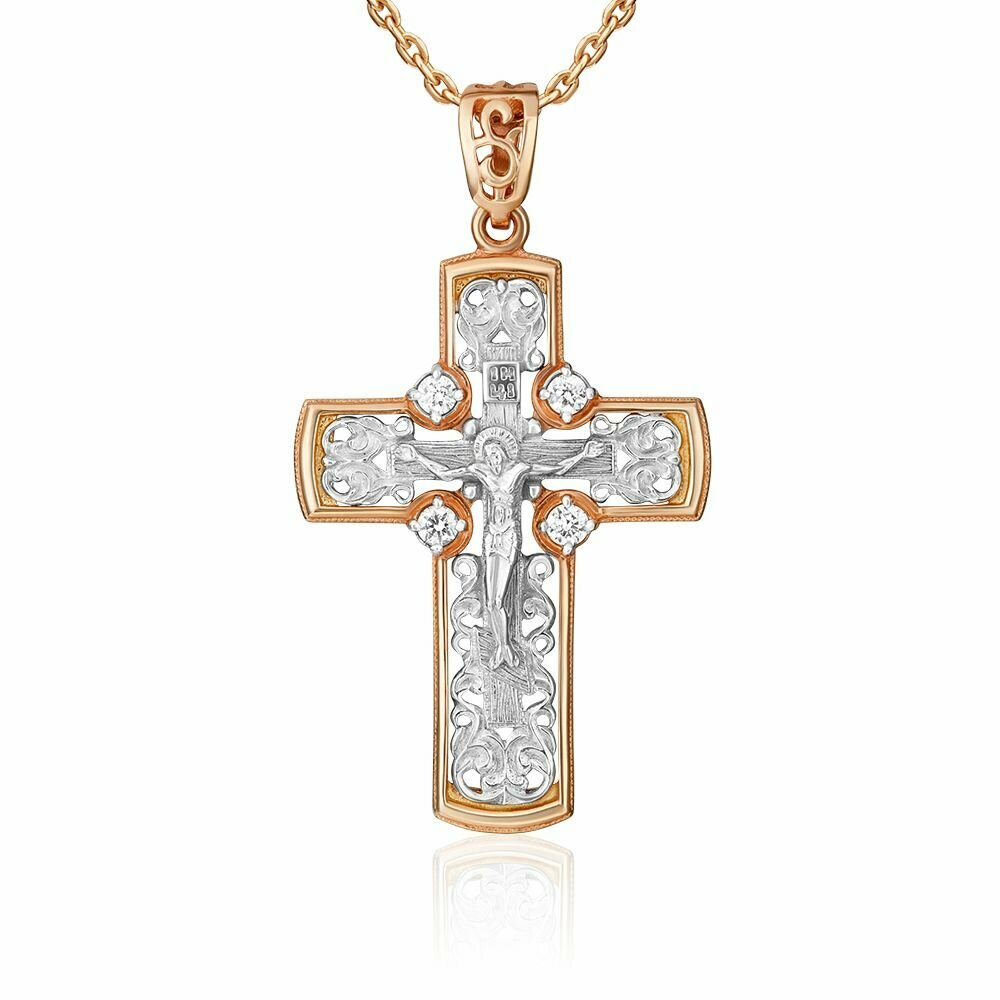Крестик, комбинированное золото, 585 проба, родирование, бриллиант