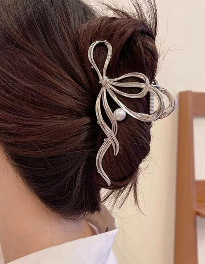 Заколка для волос, металлический бант, с жемчугом, серебристый