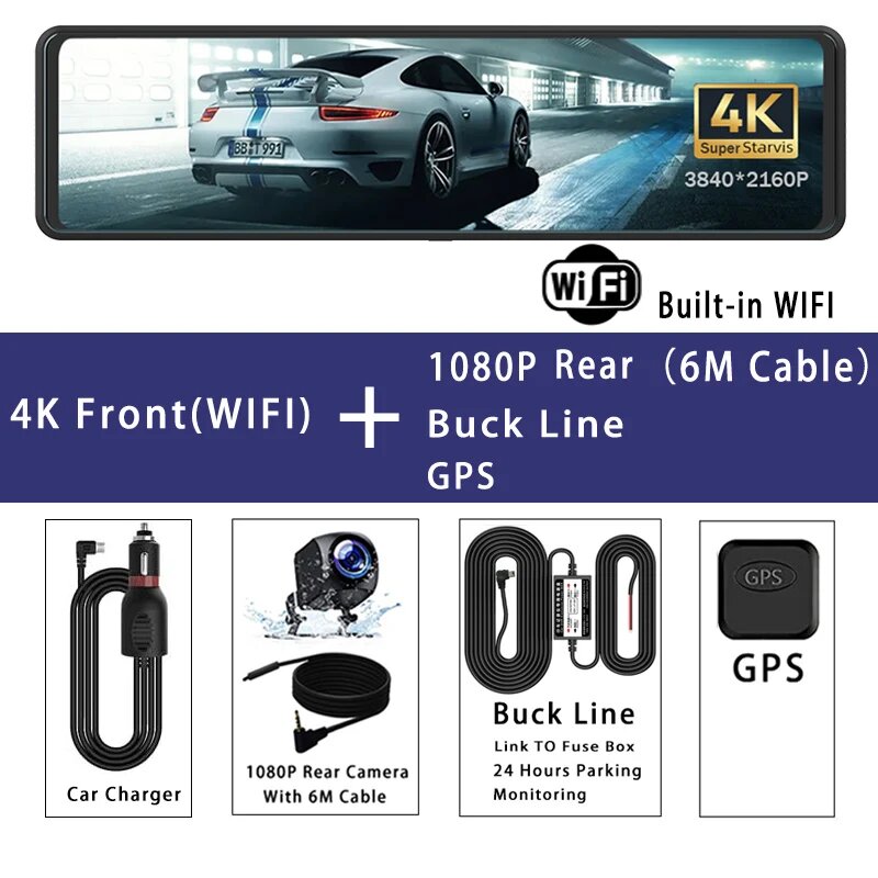 Автомобильный видеорегистратор 11,26 дюйма, 4K, 3840*2160P, GPS, Wi-Fi Front 4K-6M-BL-GPS, 256G