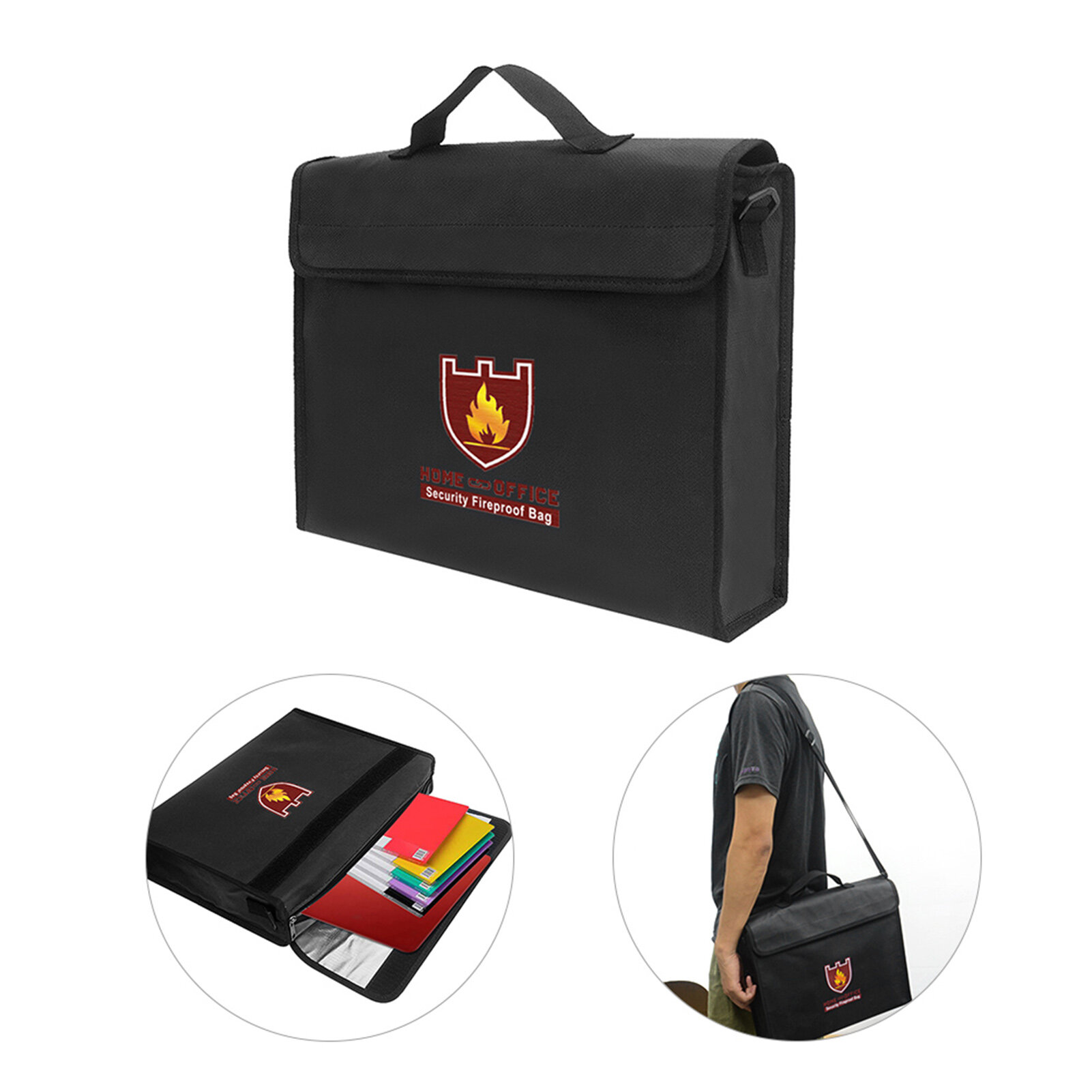 Fireproof Money Document File Bag Pouch Bank Cards Passport Valuables Organizer Holder Safe Storage for Home Office Black Fiberglas 38*28*7.5cm 530g 1 Bag