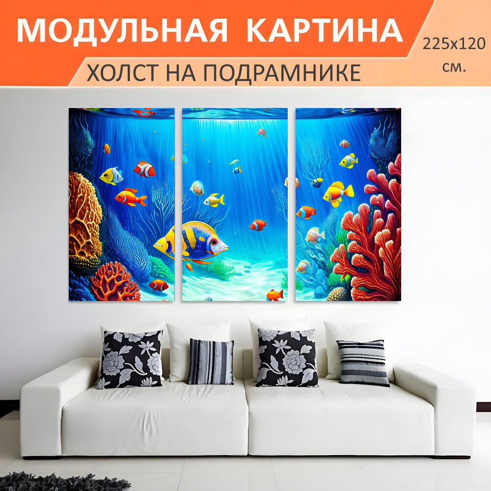 Модульная картина на холсте "Настенная картина, изображающая подводный мир в ярких цветах маслом, где экзотические рыбы и кораллы." триптих на подрамнике 225х120 см. для интерьера