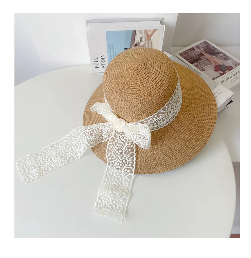 Летняя солнцезащитная шляпа женская с кружевным бантом в стиле феи соломенная шляпа с большими полями защита от солнца защита от солнца отпуск приморская пляжная шляпа