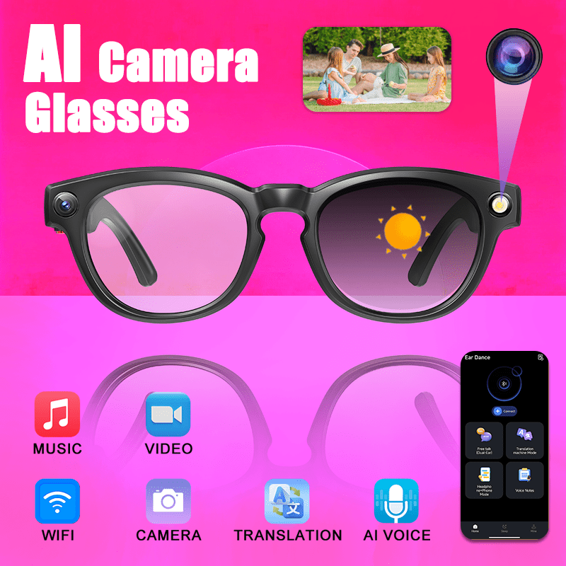 A New Hit - AI Smart Glasses with Touch And AI Chat Support. AI Intelligence, 800W HD, And Image Stabilization. Real-time Translation. Dual Microphones with Blue Light Protection And Noise Reduction. 4K HD Recording And Wireless Calls. Ideal Gift for