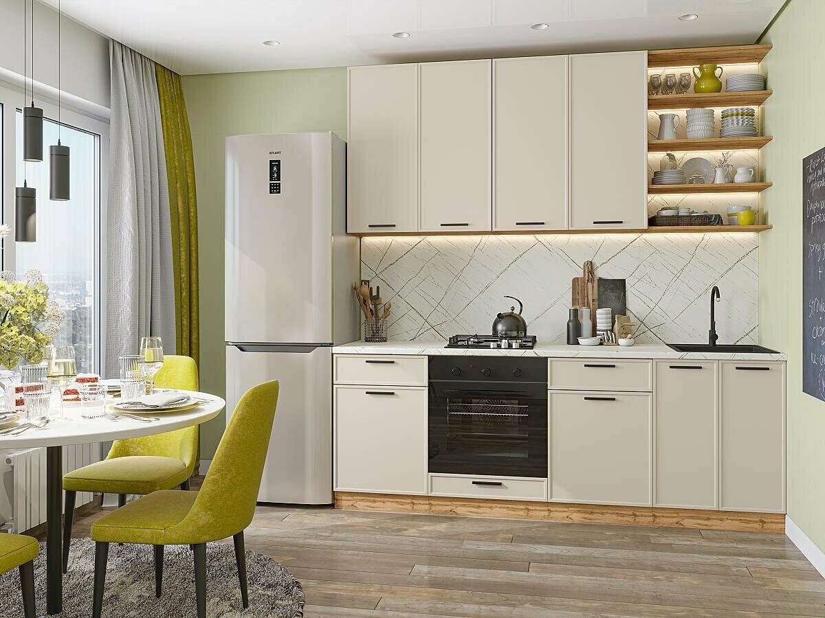 Готовый кухонный гарнитур 2.2 метра кухня Фрейм-02 Cream Silk, Дуб Вотан со столешницей