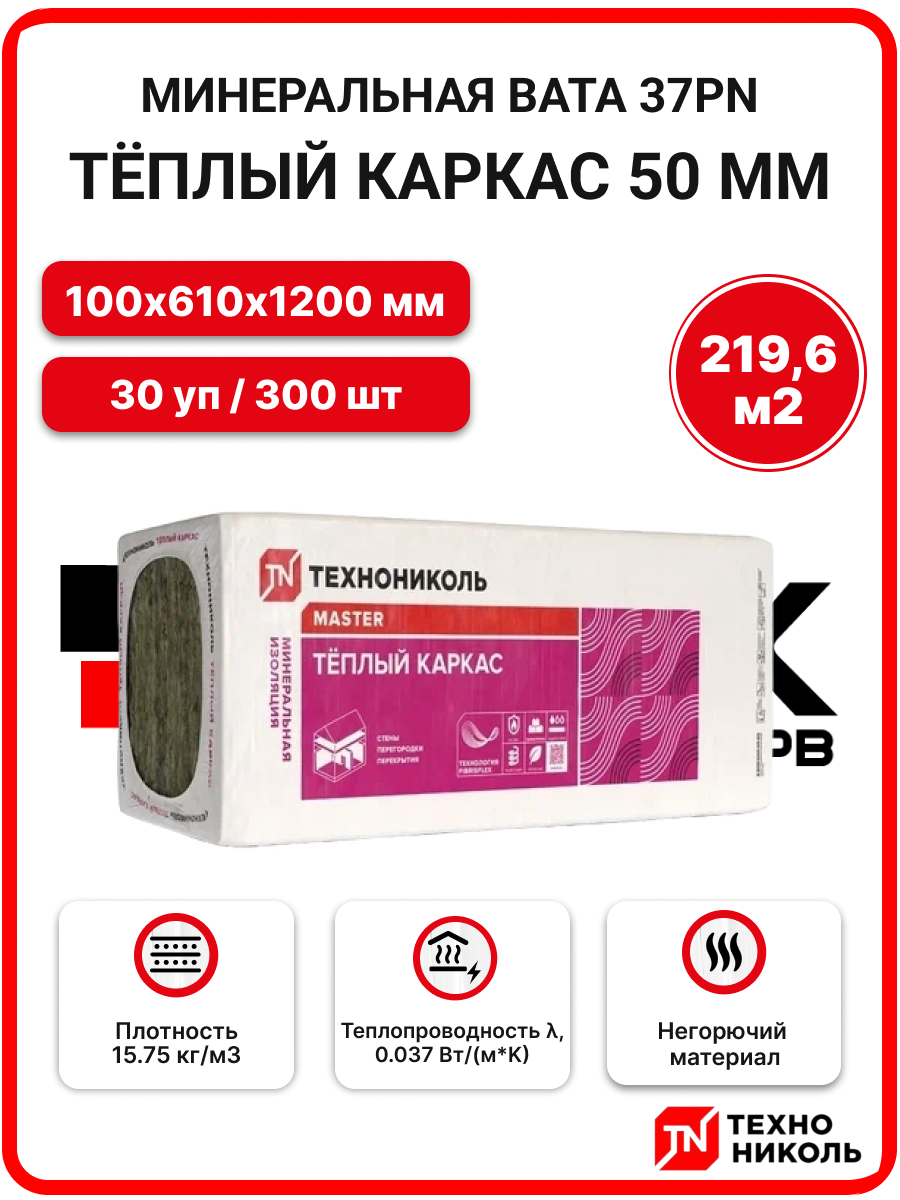 Технониколь 37PN Теплый каркас 50 мм (30 уп / 219,6 м2 / 300 плит) минеральная вата на основе стекловолокна