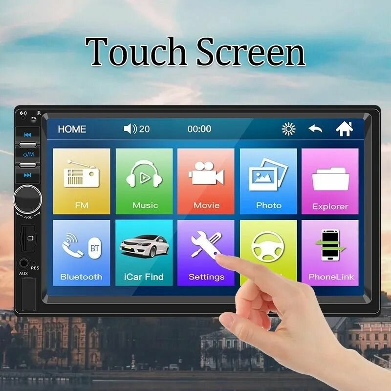 HIPPCRON автомагнитола 7" 1DIN, Bluetooth 2.0, USB/SD/MMC, FM-радио, RCA и 4-канальный выход, пульт ДУ
