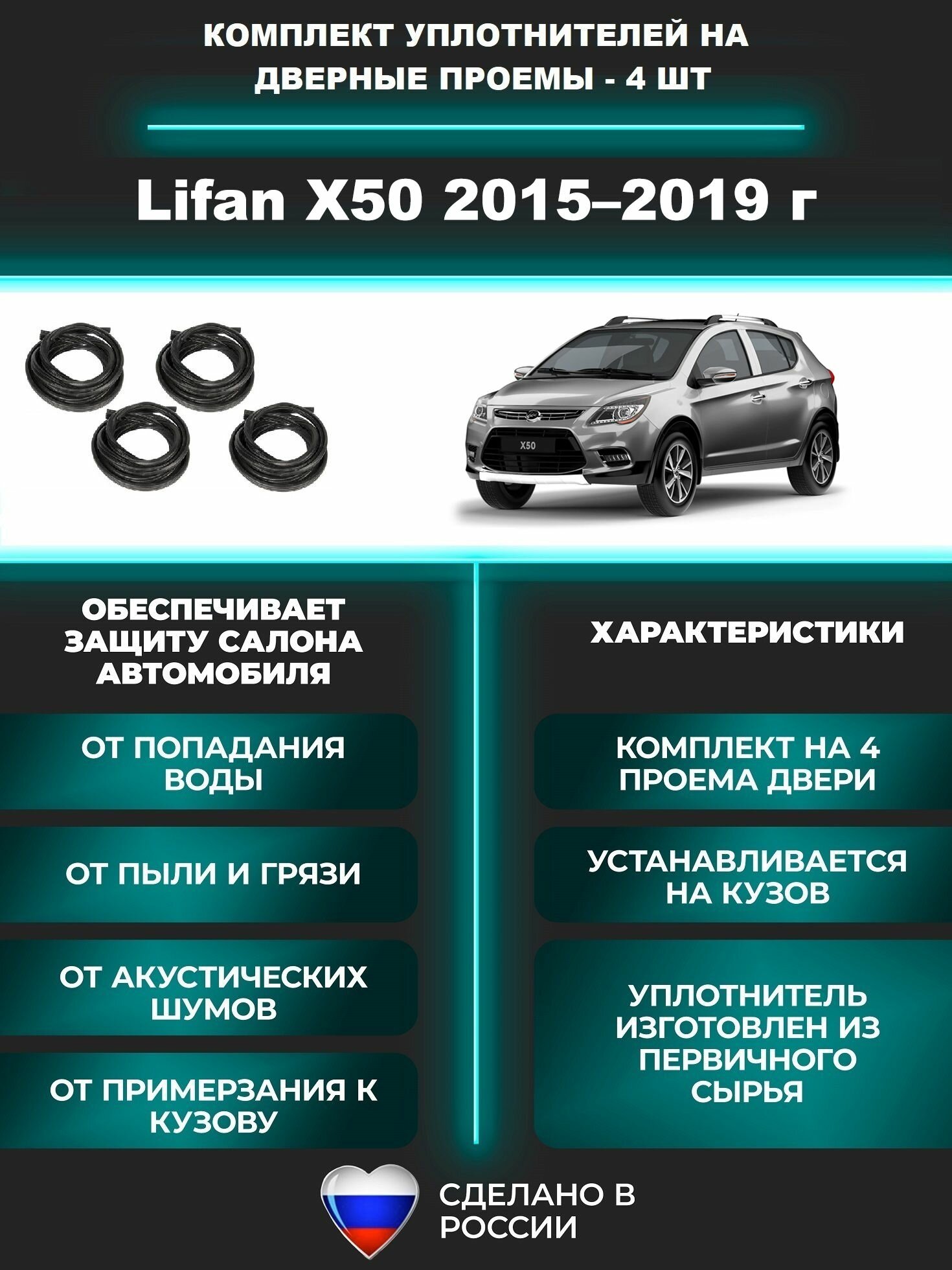 Комплект уплотнителей проемов дверей для Lifan X50 2015-2019 г, Лифан х50 (на 4 дверных проема - 2 передних и 2 задних)