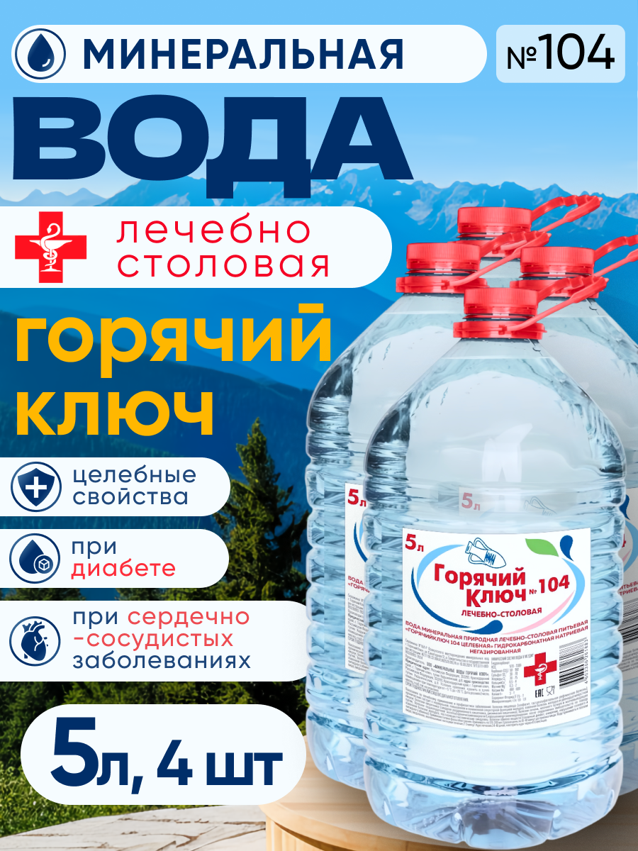 Лечебно-столовая природная минеральная вода "Горячий ключ" 4 шт по 5 литров