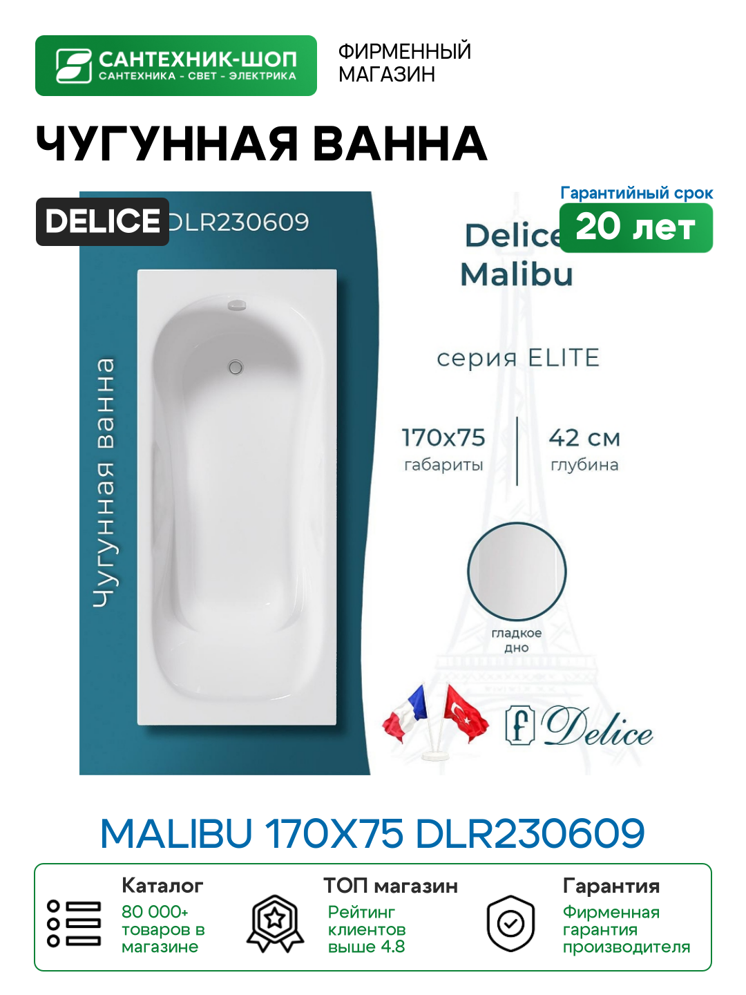 Чугунная ванна Delice Malibu 170x75 DLR230609 без отверстий под ручки и антискользящего покрытия
