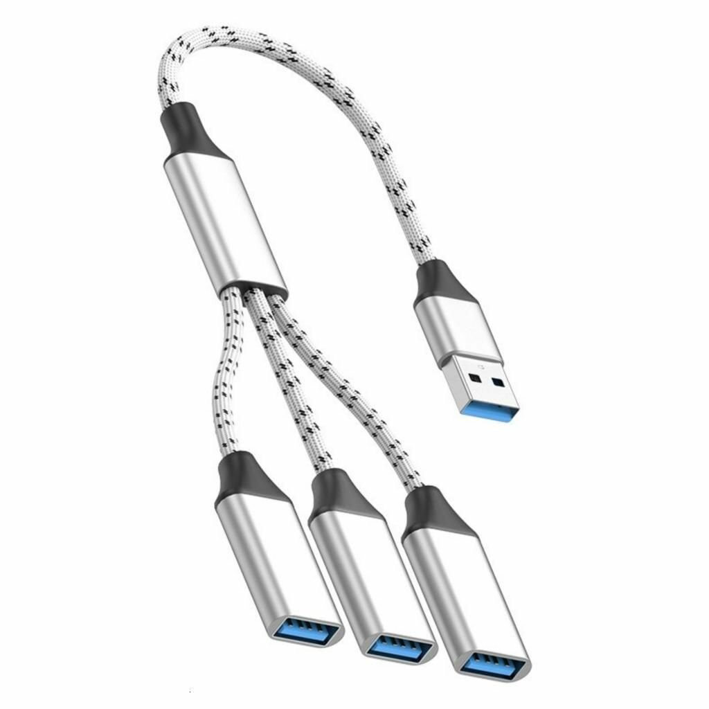 USB OTG разветвитель для одновременного подключения 3 устройств, - USB-серебряная оплетка