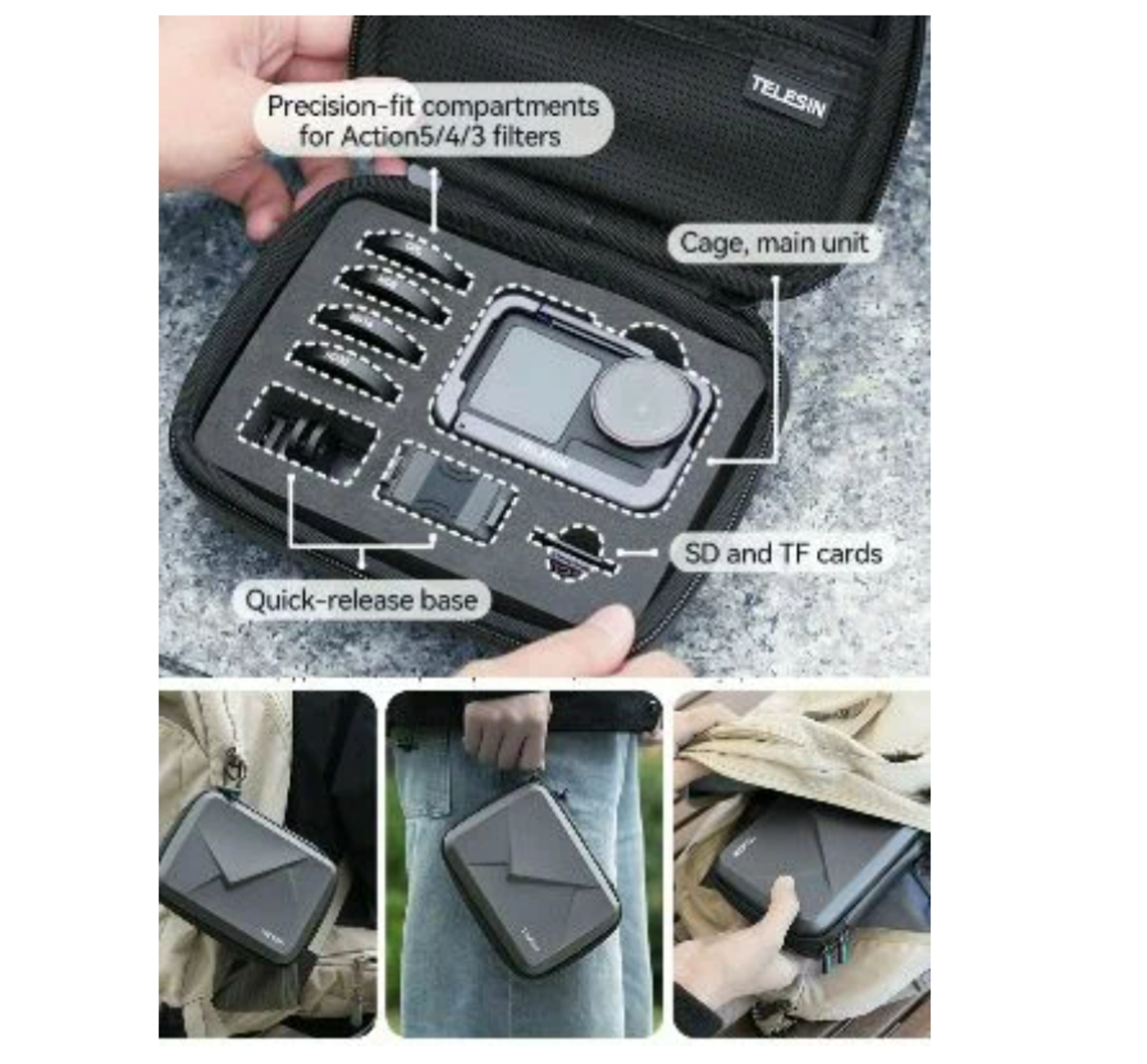 Ударопрочный кейс Telesin средний для DJI Osmo Action 5/4/3, чёрно-серый