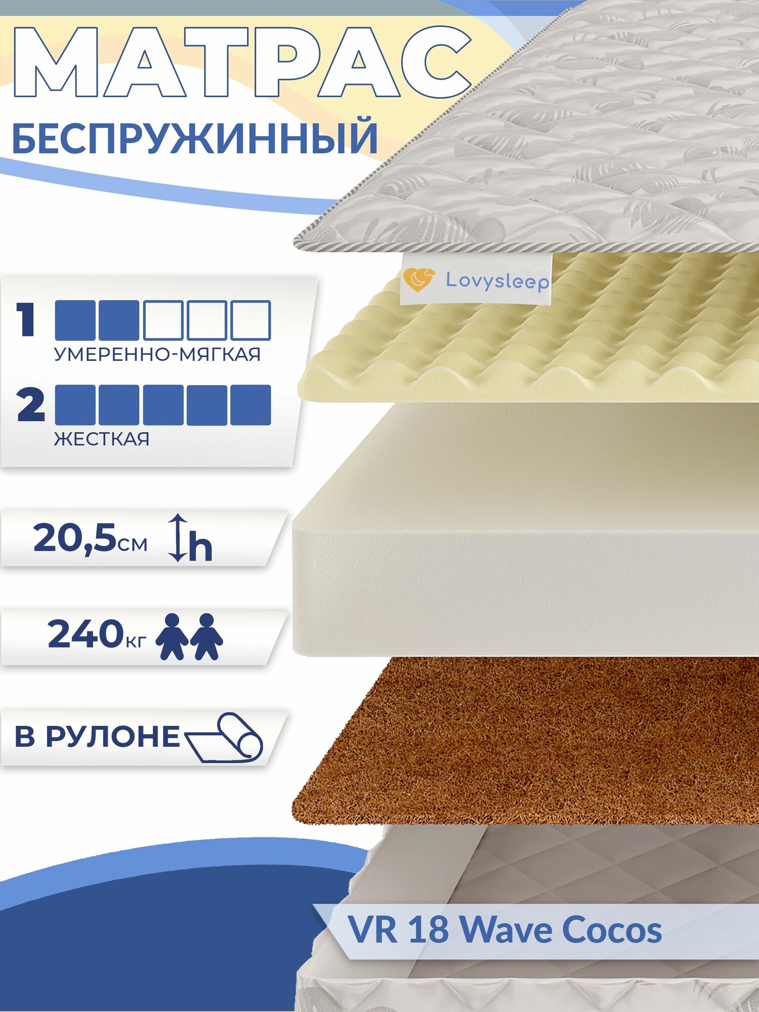 Матрас VR 18 Wave Cocos 160х185 см, беспружинный, 20,5 см, двуспальный, двусторонний с разной жесткостью, в рулоне