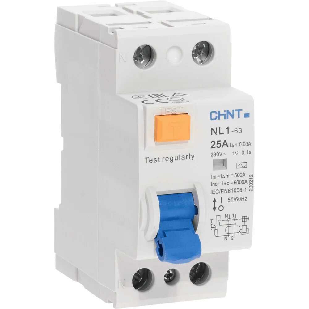 Устройство защитного отключения CHINT NL1-63 6kA 2P 25A 30mA тип AC 200212