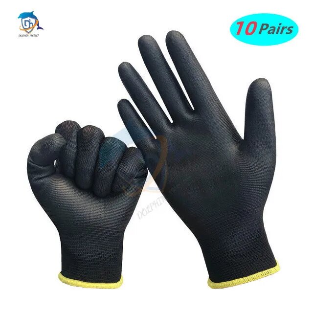 Рабочие перчатки Dolphin Protect нейлоновые с полиуретановым покрытием Черный, Black 10 pairs, S