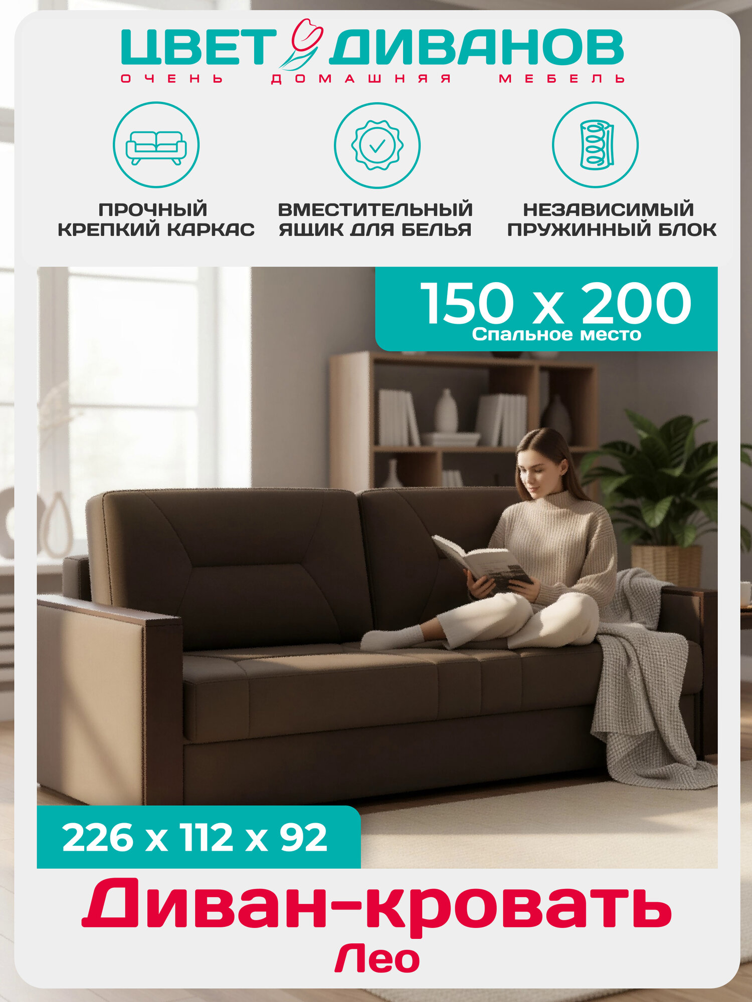 Раскладной диван-кровать прямой двуспальный в гостиную, еврокнижка Лео с ортопедическим матрасом, Цвет Диванов