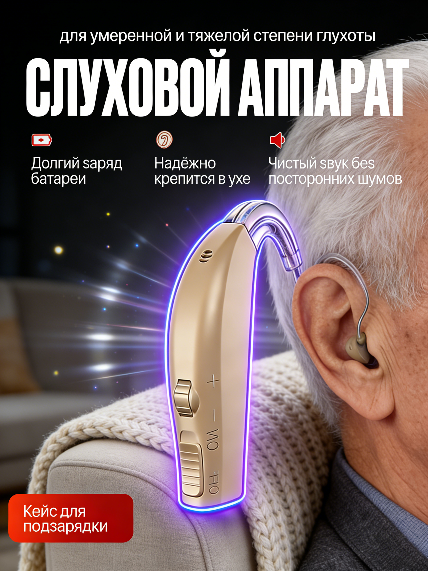 Накладной слуховой прибор с зарядным устройством для пожилых и взрослых