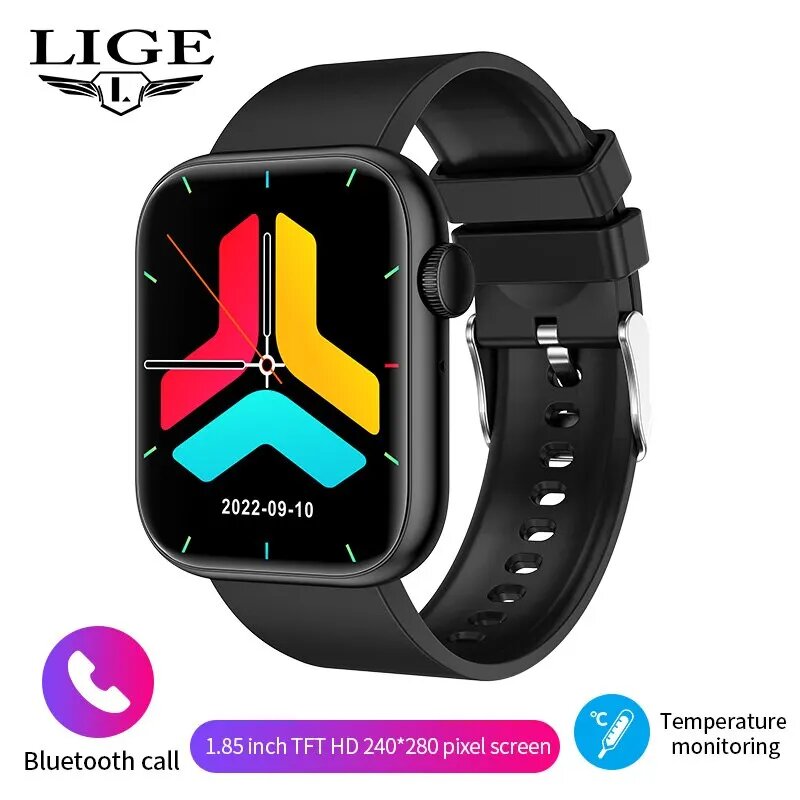 LIGE Умные часы черные с Bluetooth звонками и мониторингом температуры