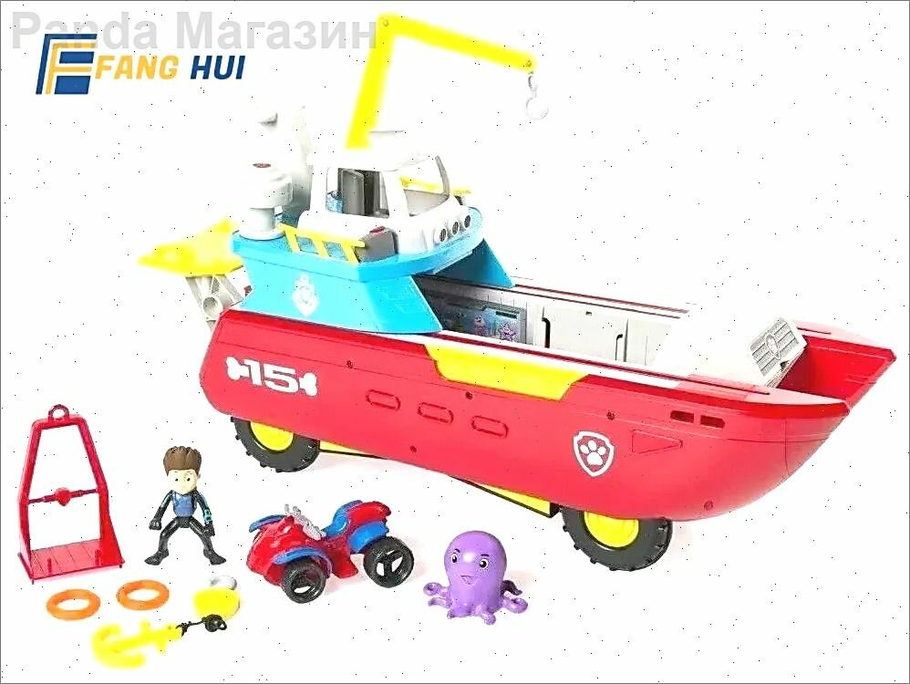 Игровой набор для детей Щенячий Патруль "Большой Корабль спасателей" со световыми и звуковыми эффектами / мультяшные фигурки / Щенки спасатели.