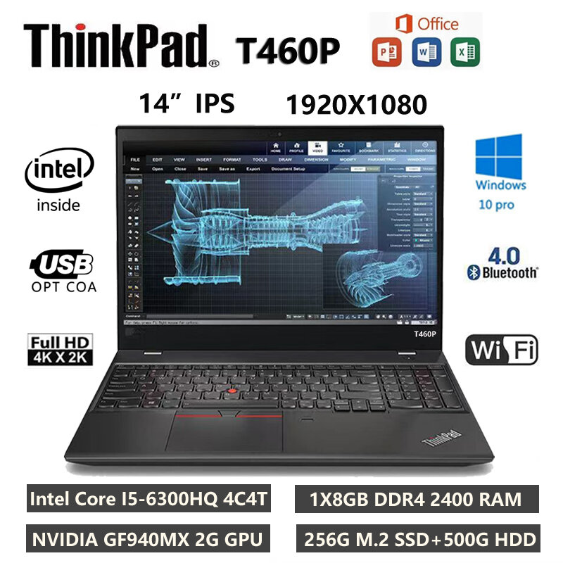 Подержанный ноутбук ноутбук 14" Lenovo Thinkpad T460P ( CORE i5-6300HQ CPU+1X8GB DDR4 2400+256GB M.2 NGFF SSD+500G HDD+940MX 2G+Intel HD Graphics 530+1920X1080 IPS 4K ) Win 10 pro