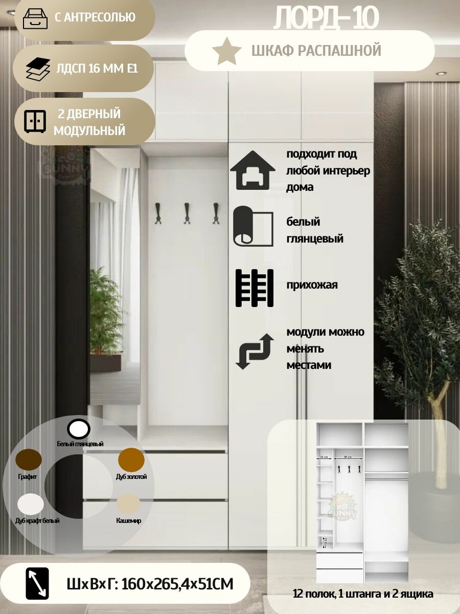 Прихожая Лорд 10, шкаф распашной 2х дверный + прихожая с антресолью (Белый глянцевый) 265,4х 160х 51 см