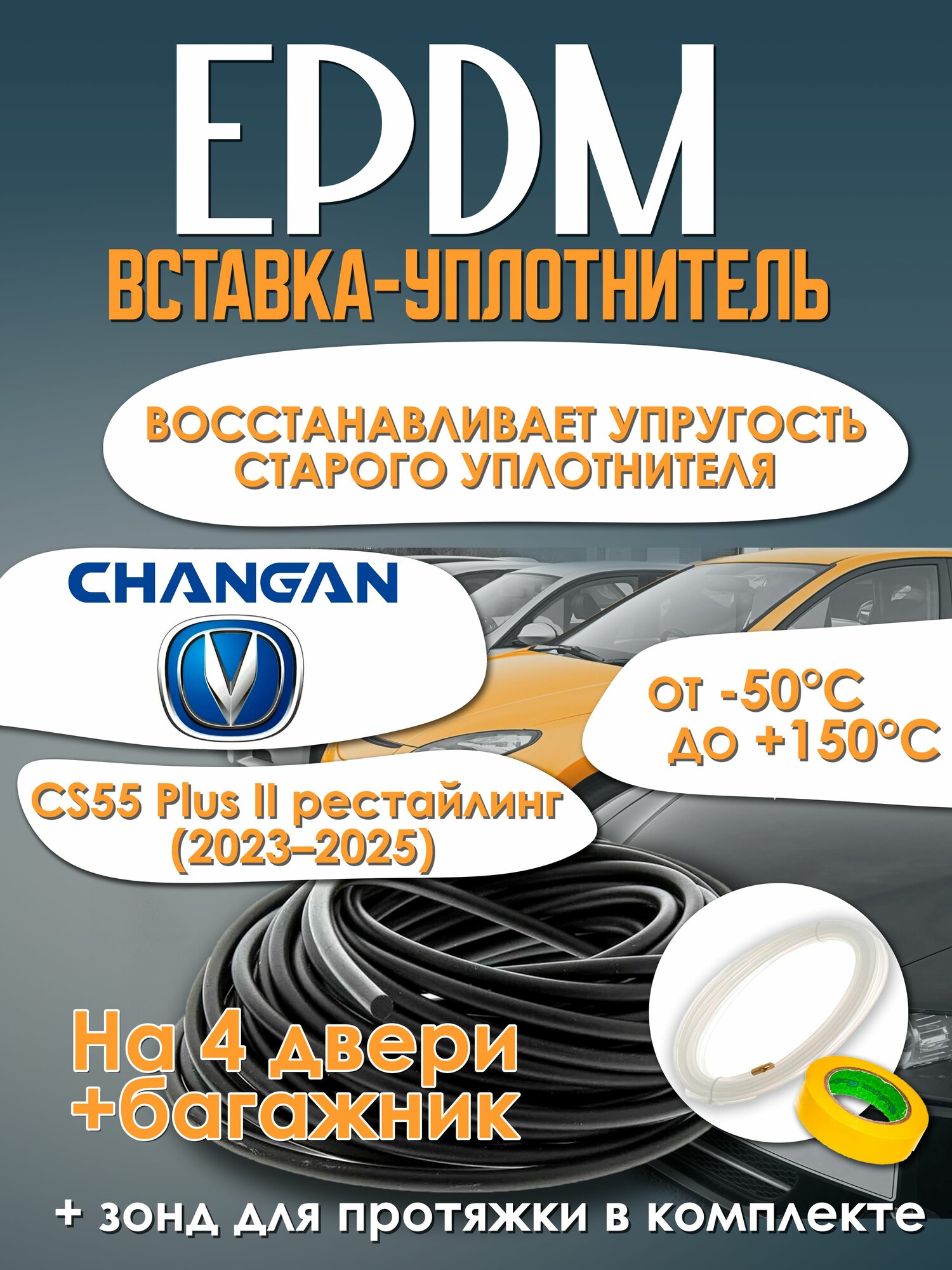 EPDM вставка-уплотнитель для дверей автомобиля Changan CS55 Plus II рестайлинг (2023-2025) / Чанган ЦС55 Плюс 2 поколение рестайлинг