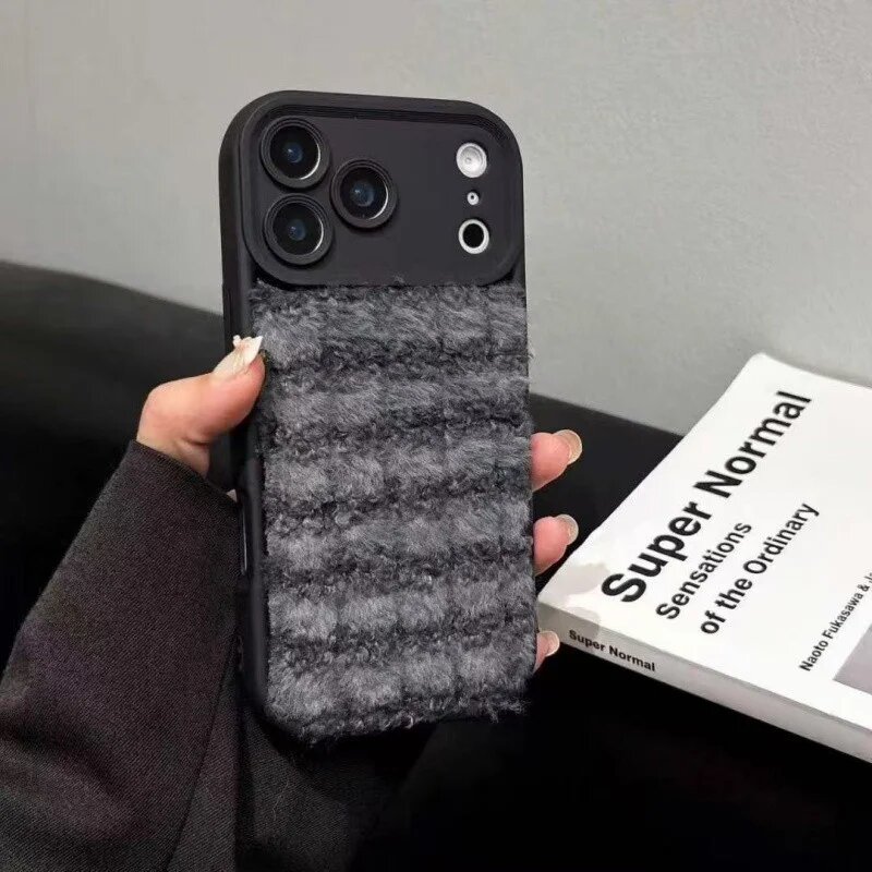 Теплый зимний плюшевый чехол для телефона для iPhone 17 Pro Max Серый, Черный, Black, iPhone 15 Pro