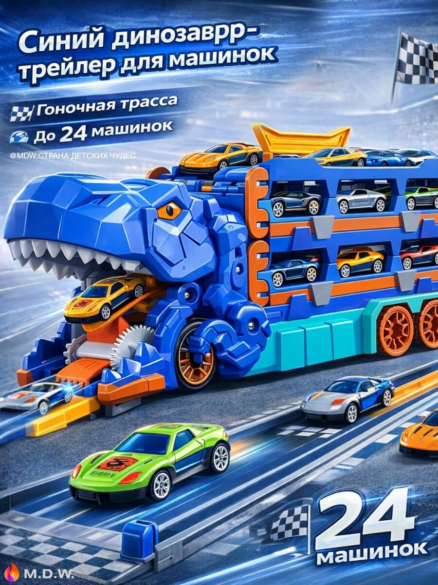 Игрушка Гигантский динозавр-грузовик синего цвета, с комплектом из 24 машинок, детский игровой набор 2 в 1