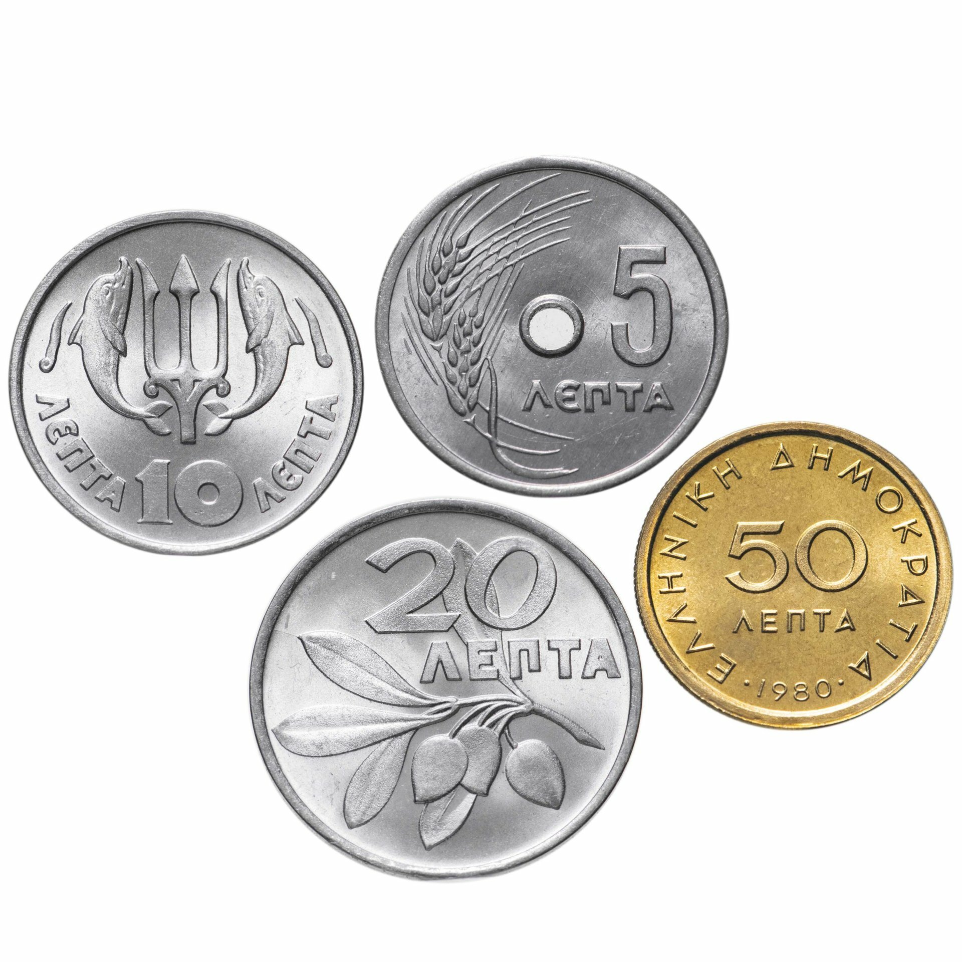 Греция, набор 4 монеты - 5, 10, 20, 50 лепт 1971 - 1980, Алюминий, медь-никель-цинк, в сохранности UNC