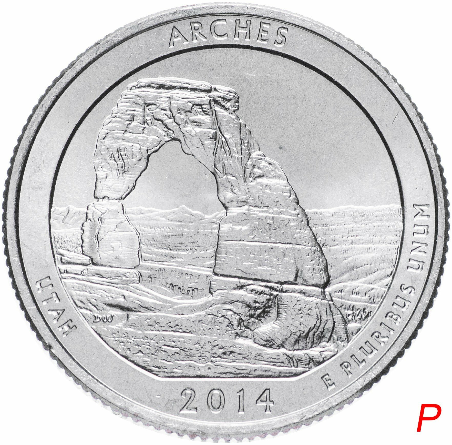США 1/4 доллара 25 центов, квотер 2014 P — "Национальный парк Арчес" 23-й парк, Мельхиор медь-никель, в сохранности UNC
