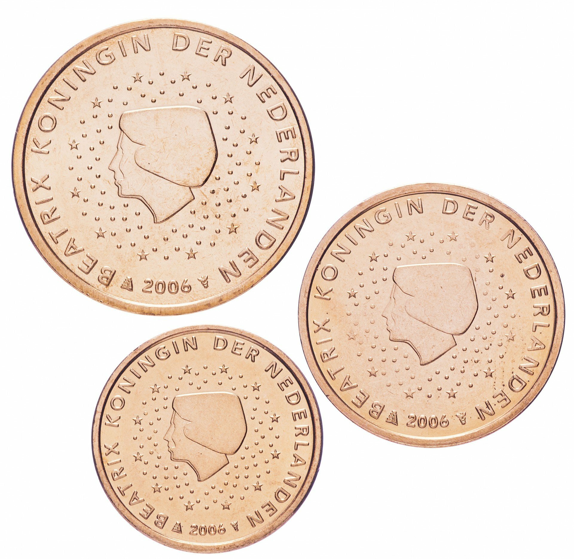 Нидерланды набор монет от 1 до 5 евро центов 2006 3 штуки, Сталь, покрытая медью, в сохранности UNC