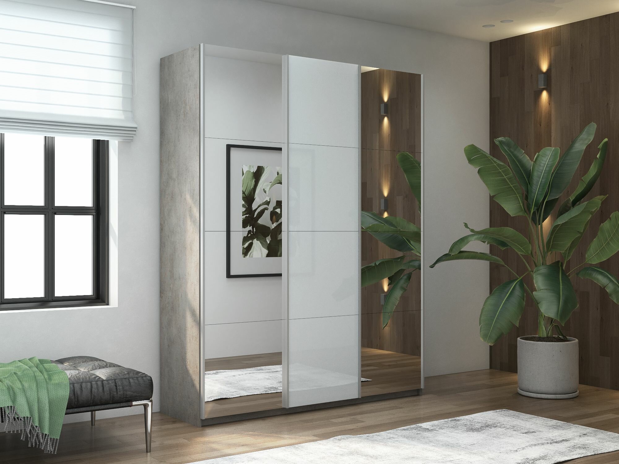 Шкаф-купе Билли 3-х дверный, (2 Зеркала/Стекло бел.) 210х57х230 см. Бетон
