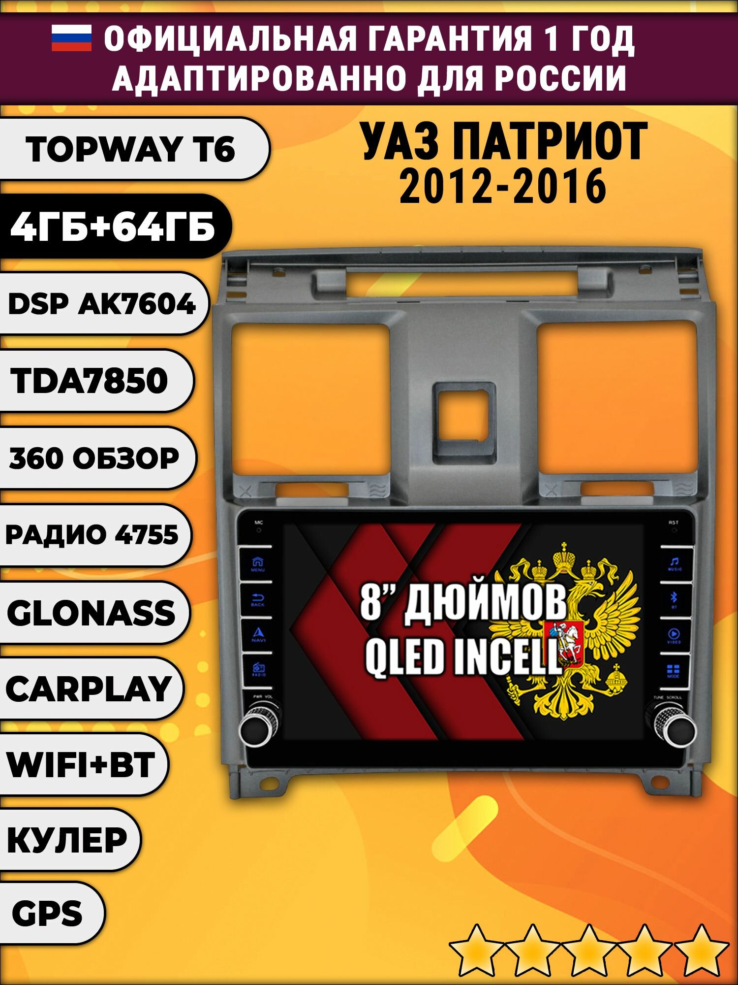 4гб+64гб с DSP и 360 для УАЗ патриот (2012 2013 2014 2015 2016) Uaz Patriot, Android магнитола с DSP и усилителем TDA7850