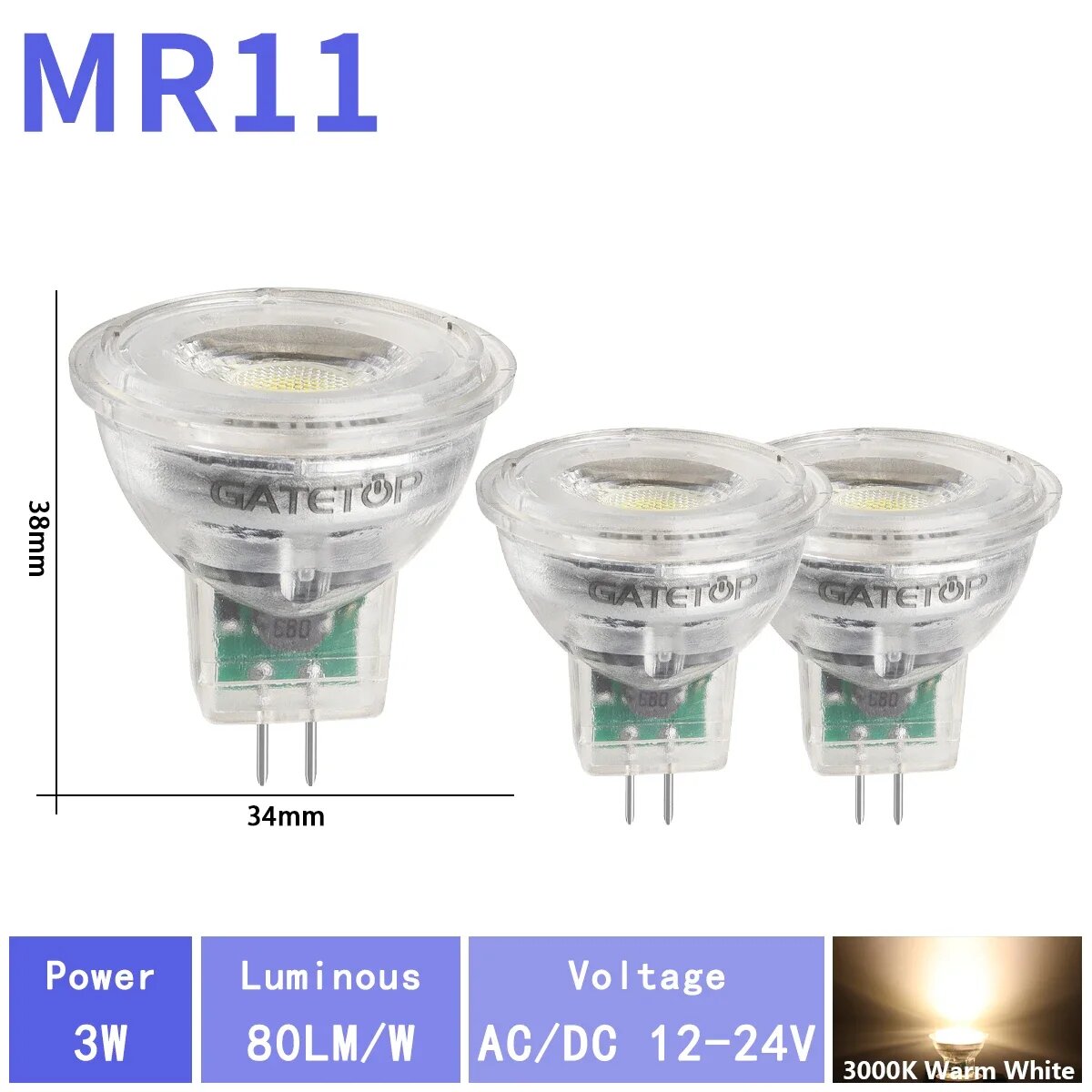 3 шт. Gatetop MR11 LED 3Вт 12-24В 3000K