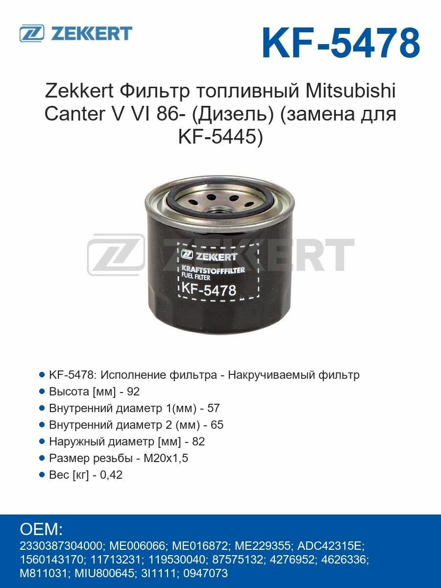 Фильтр топливный Mitsubishi Canter V VI 86- (Дизель) (замена для KF-5445)