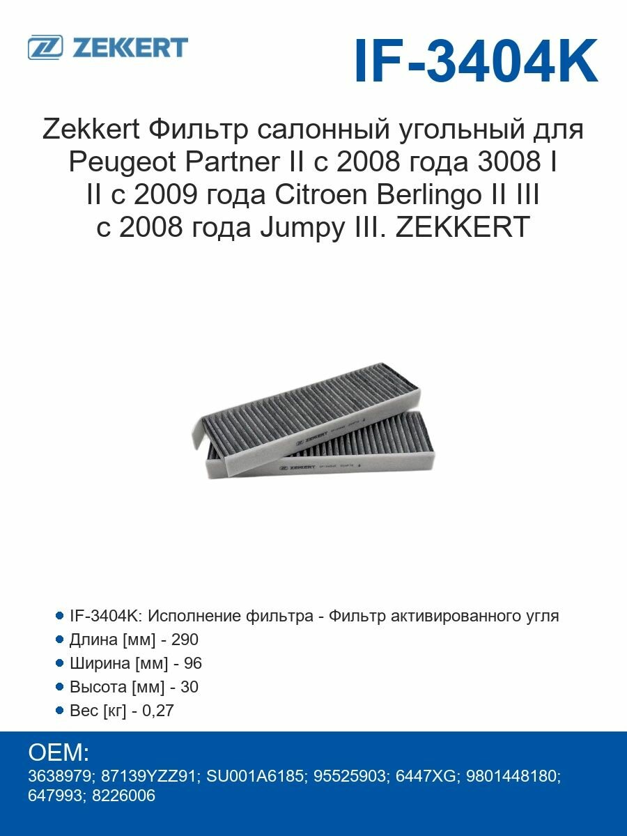 Zekkert Фильтр салонный угольный для Peugeot Partner II с 2008 года 3008 I II с 2009 года Citroen Berlingo II III с 2008 года Jumpy III. ZEKKERT