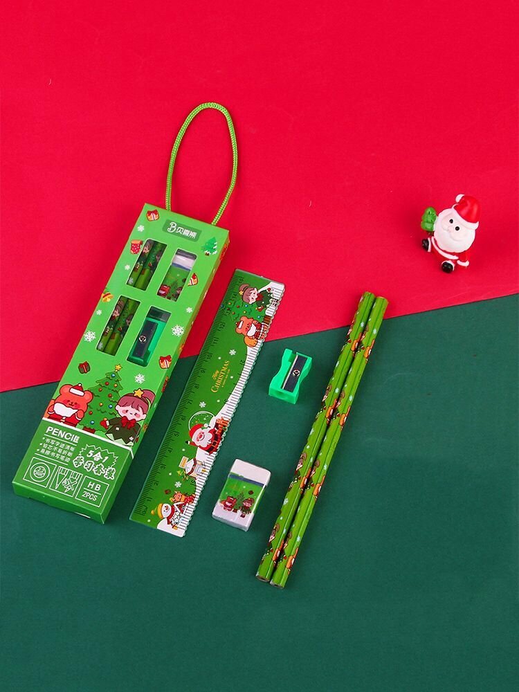 Детский рождественский набор канцелярии подарочный комплект с карандашами и ручкой, праздничный подарок для сада и дня рождения