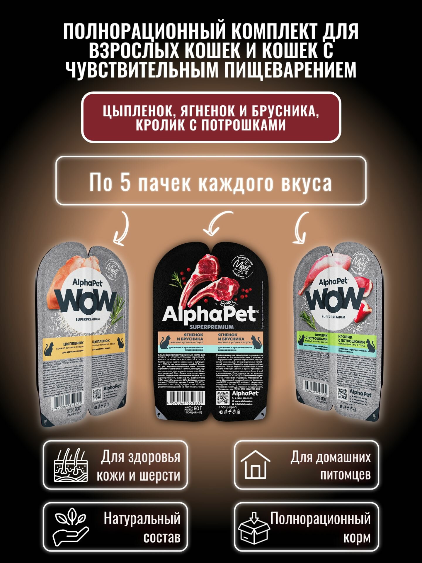 AlphaPet Superpremium / Комплект для взрослых кошек и котов и кошек с чувствительным пищеварением, 3 вкуса (Цыплёнок, Ягнёнок, Кролик), 15 шт
