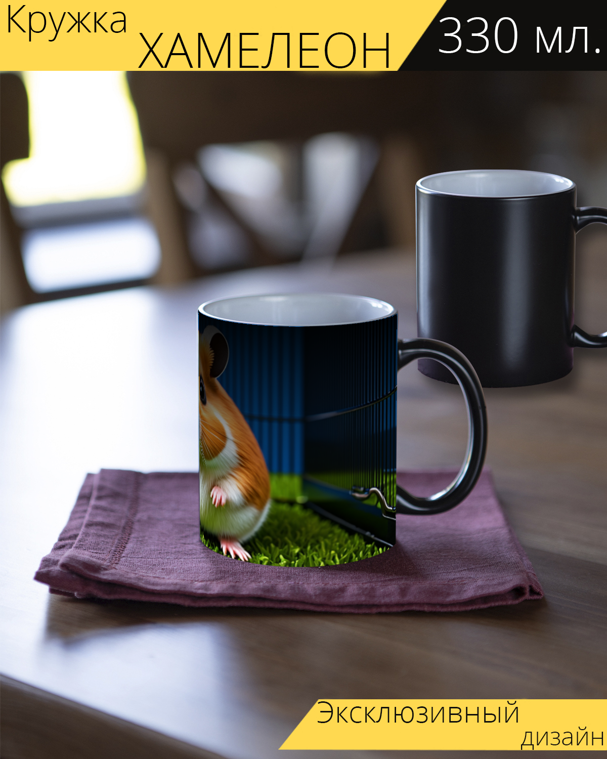 Кружка хамелеон с принтом "Хомячок, играющий с пушистыми одуванчиками в клетке, изображенный в технике 3d-моделирования. яркие и объемные детали делают изображение." 330 мл.
