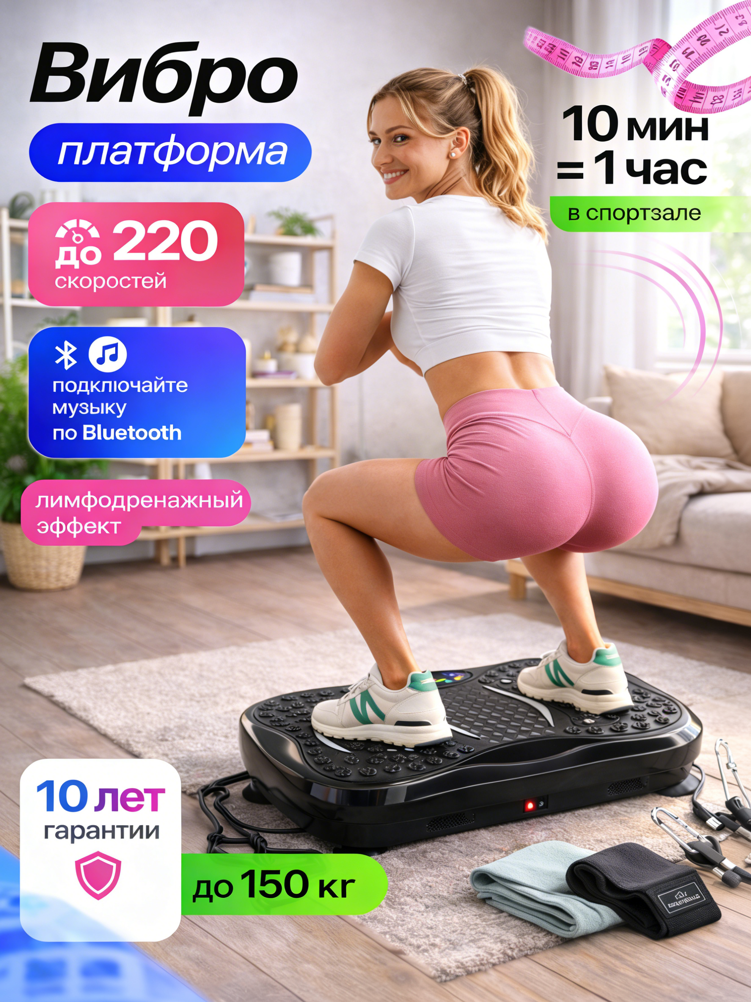 Виброплатформа, для похудения, кардио, до 150 кг, горизонтальная, металлическая, черная