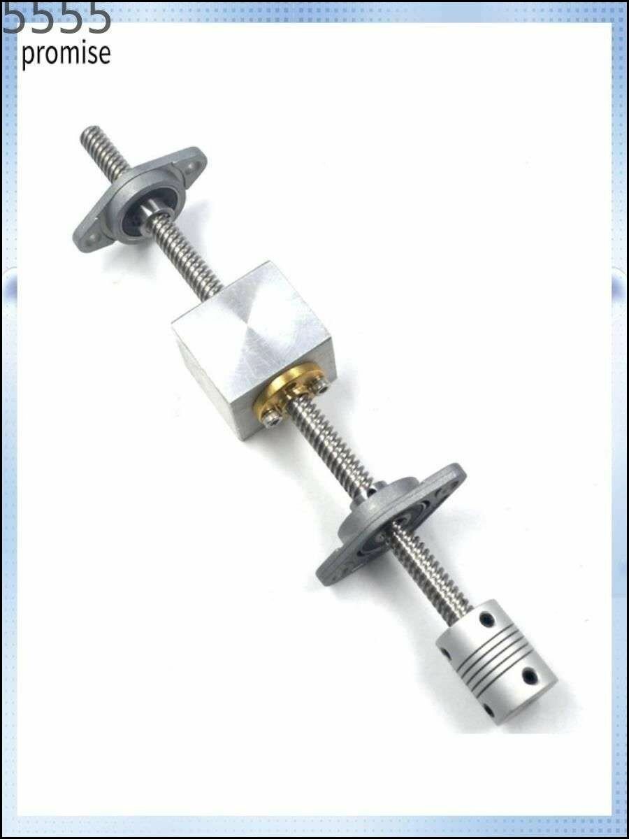 Комплект эксклюзивных ходовых винтов T8 с подшипником для 3Dпринтеров, включающий вертикальный серебристый стержень длиной 200 мм и диаметром 8 мм, а также двухзаходную гайку и опорную подушку