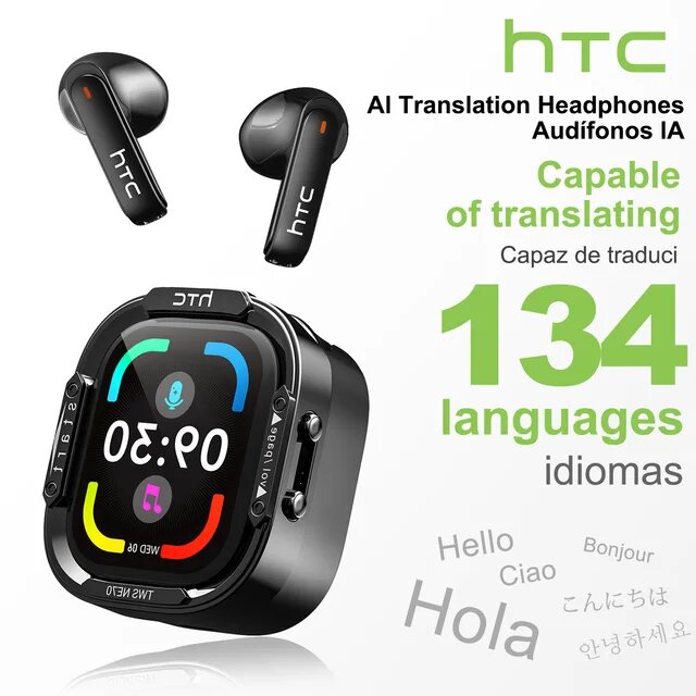 Наушники HTC NE70 Bluetooth V6.0, беспроводные наушники с сенсорным экраном, функция перевода с помощью ИИ, игровые наушники, мощные басы.