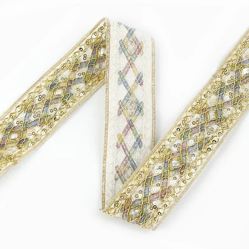 Кружевная лента с вышивкой и блестками, White, 43mm-2Yards
