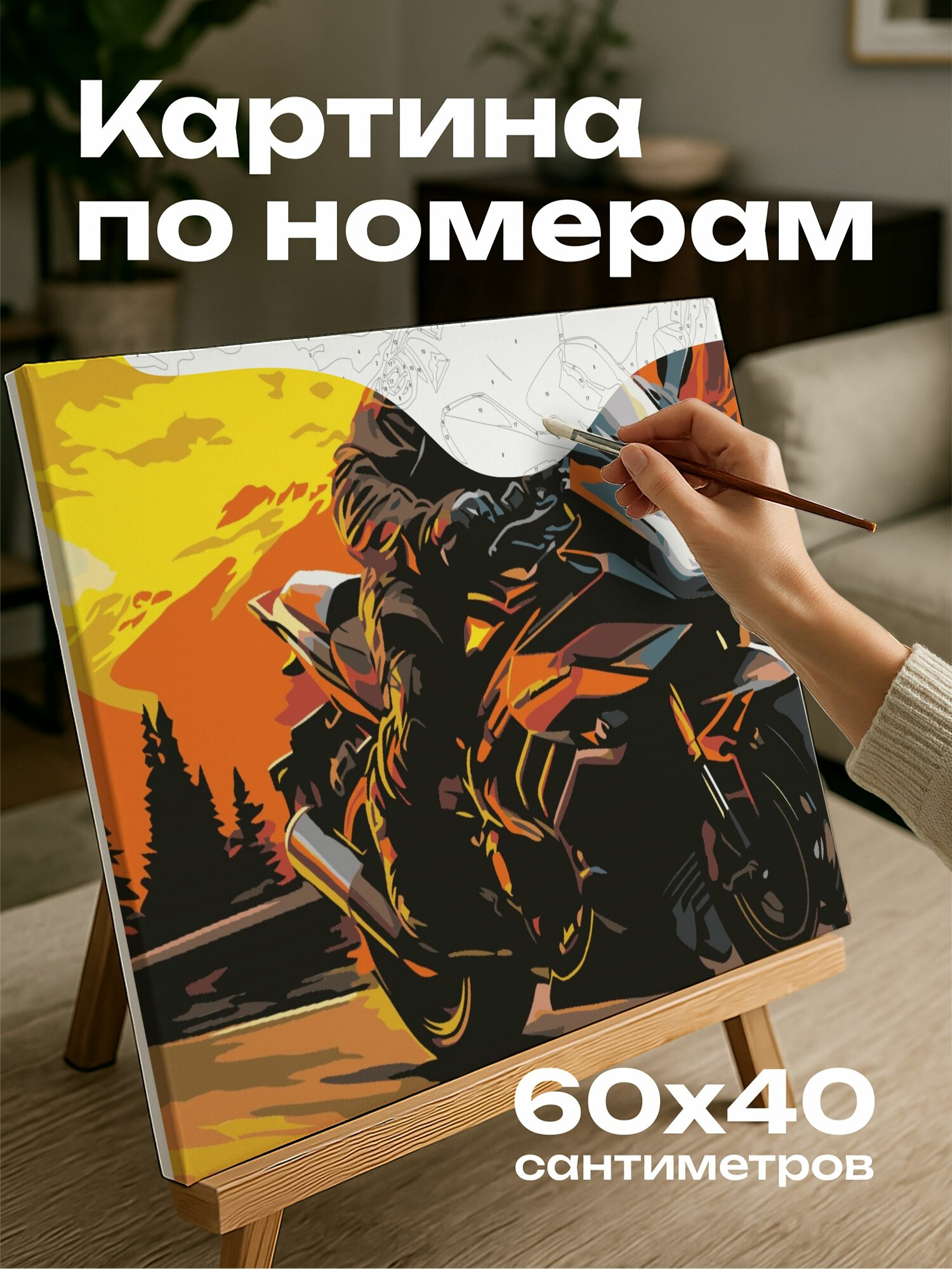 Картина по номерам 60x40 см, цифровая иллюстрация, байкерская страсть, мотоциклист, крутой поворот, горная дорога