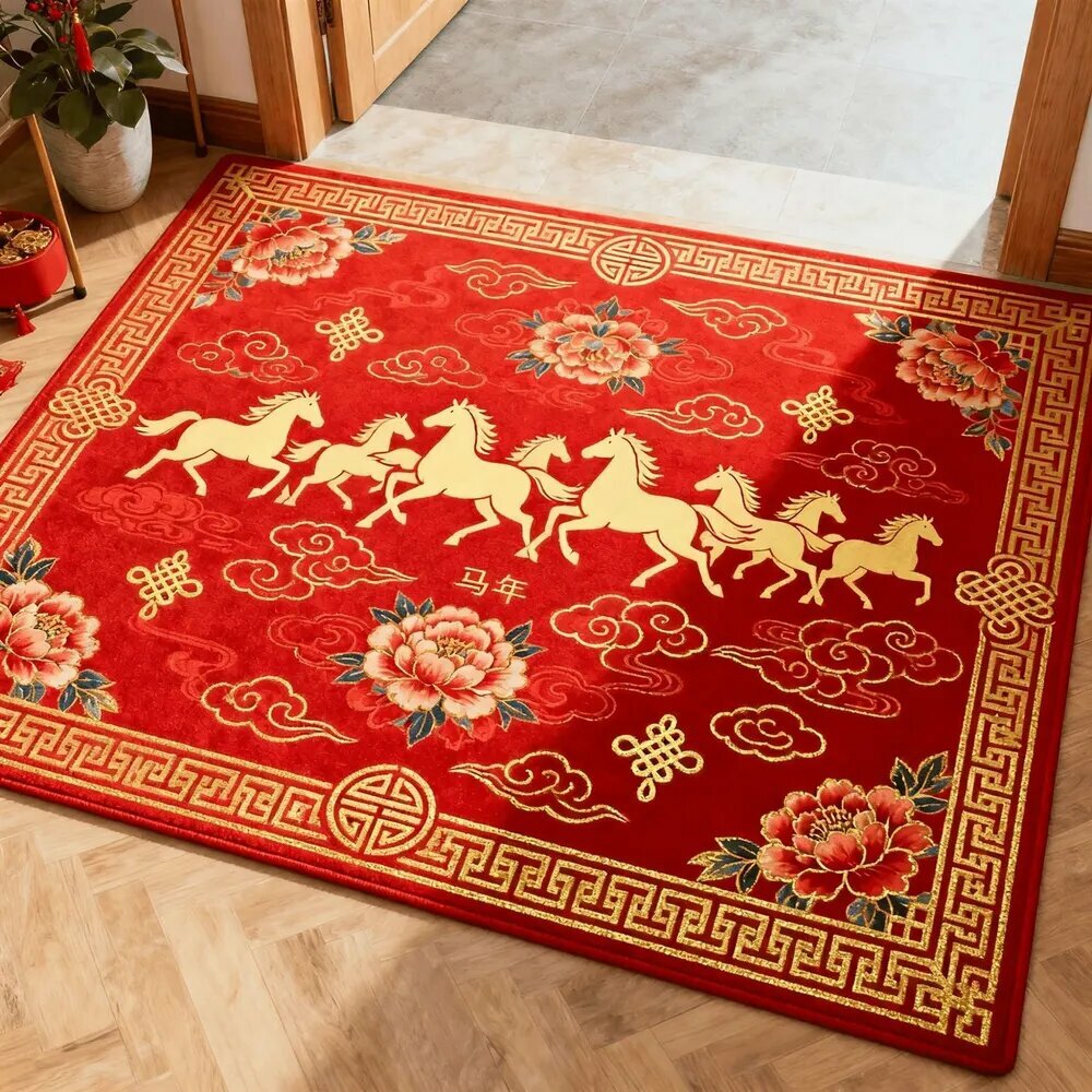 Придверный коврик 40x60 см с рисунком лошадей, красный с золотым орнаментом, для дома